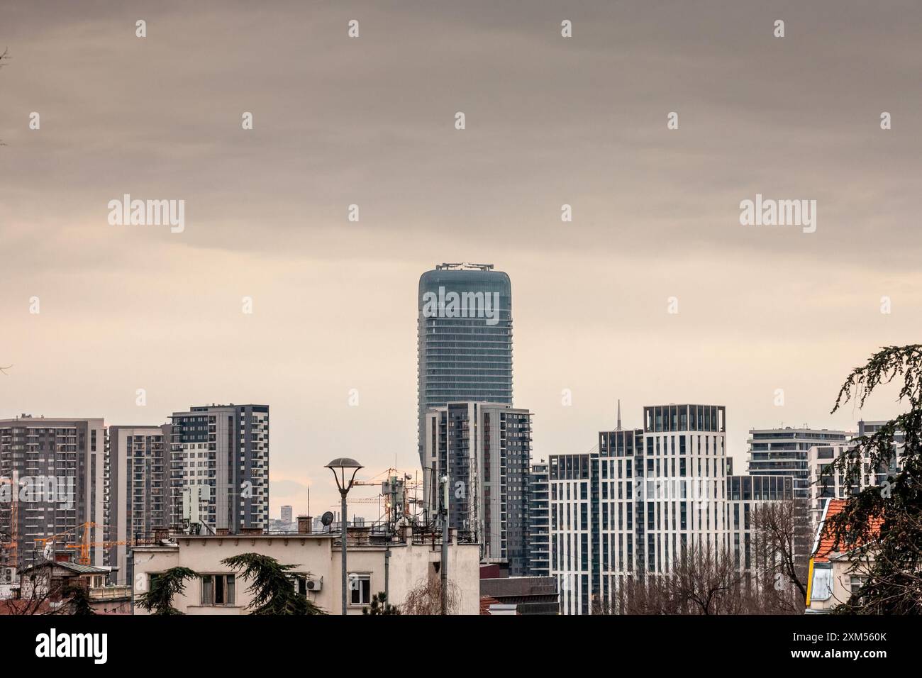 The skyline of Belgrade is beautifully captured with a focus on the modern Belgrade Waterfront ...