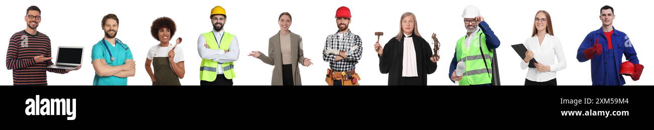People of different professions. Collage with portraits on white ...