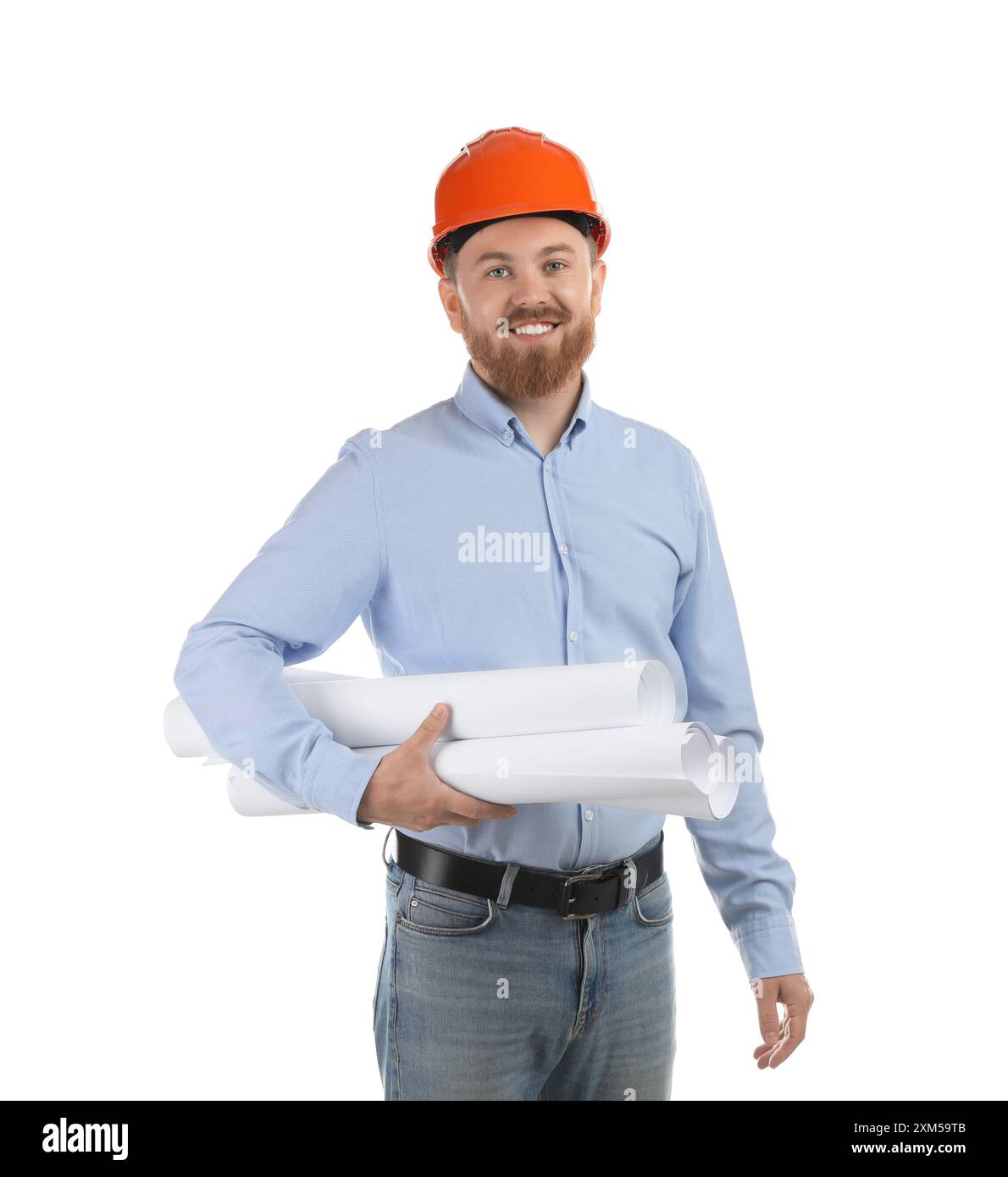Engineer in hard hat with drafts on white background Stock Photo - Alamy