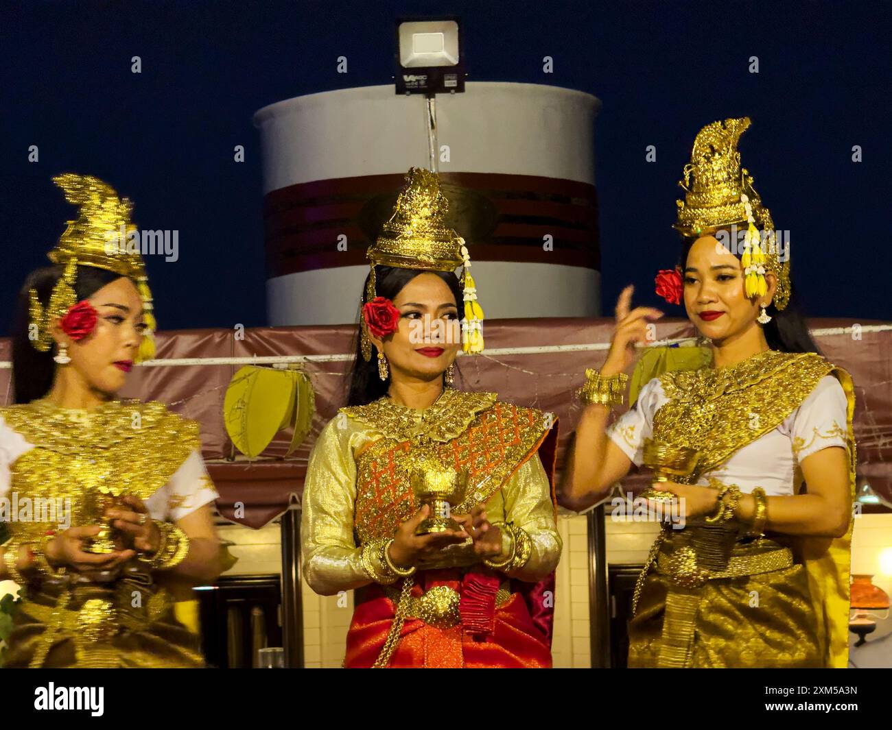 Apsara dancers performing traditional Khmer dances on the M/V Jahan during dinner, Angkor ...
