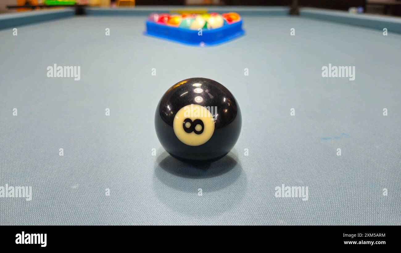 Pool balls on gray table sport game set known as eight ball pool. Number eight Stock Photo - Alamy