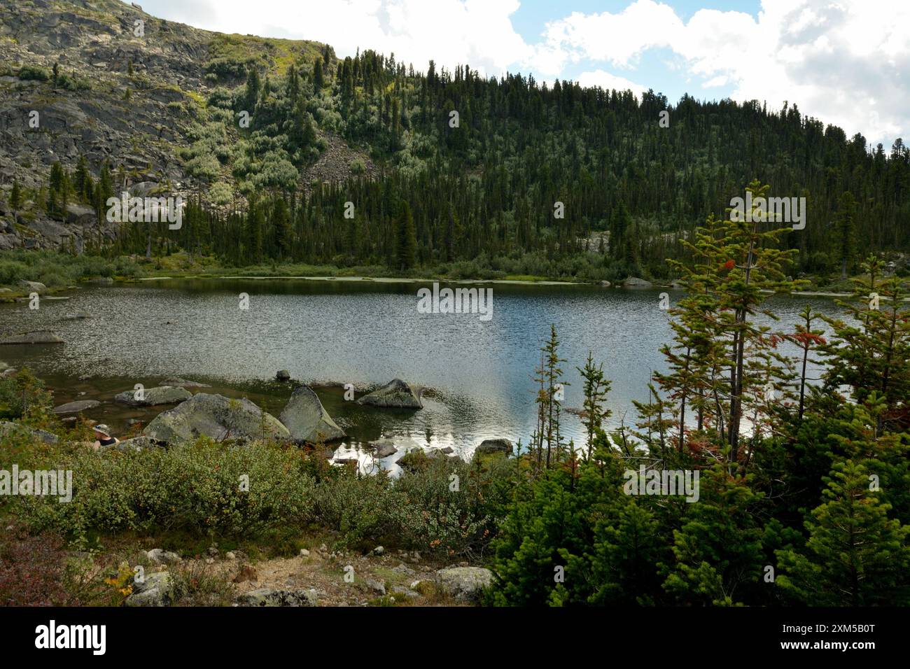 A beautiful lake in the dense taiga with rocky shores at the foot of a ...
