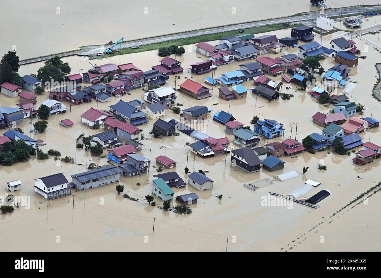 An aerial photo shows a water-covered village due to a flooding of ...