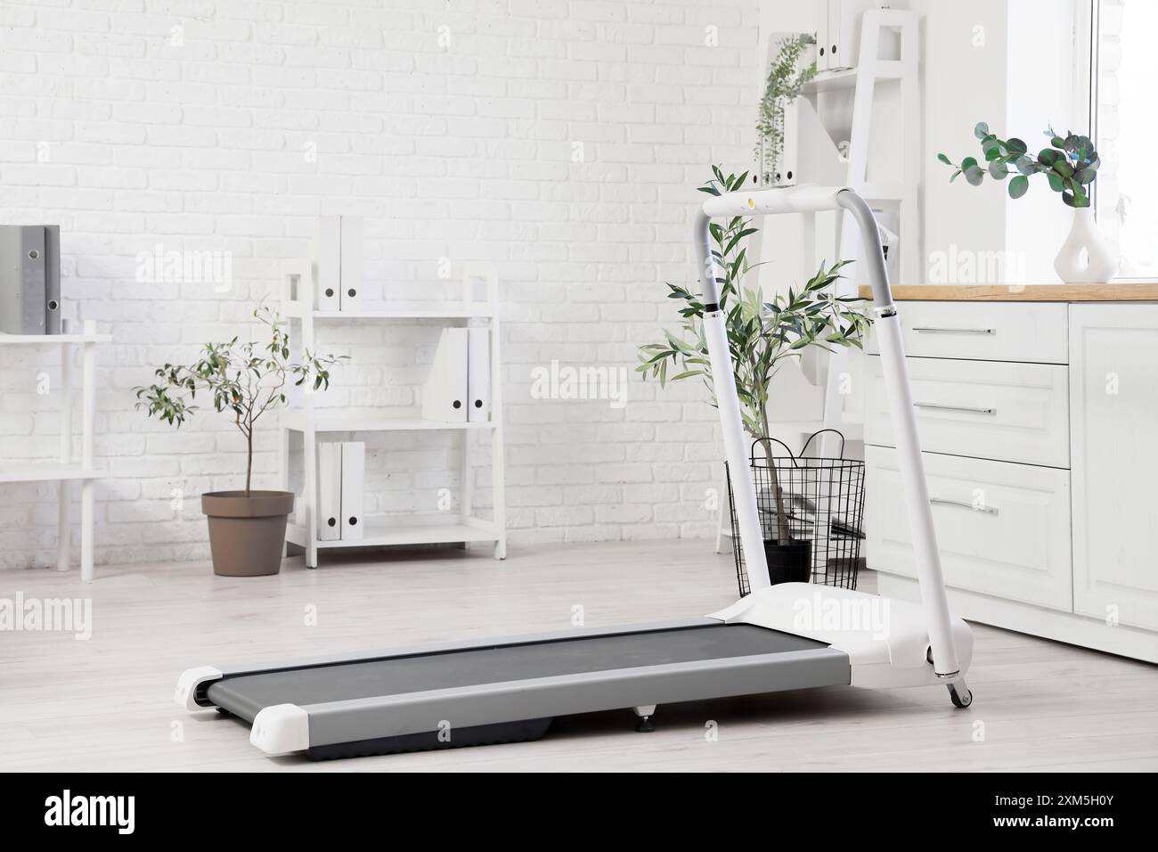 Interior of light office with treadmill and shelf units Stock Photo - Alamy