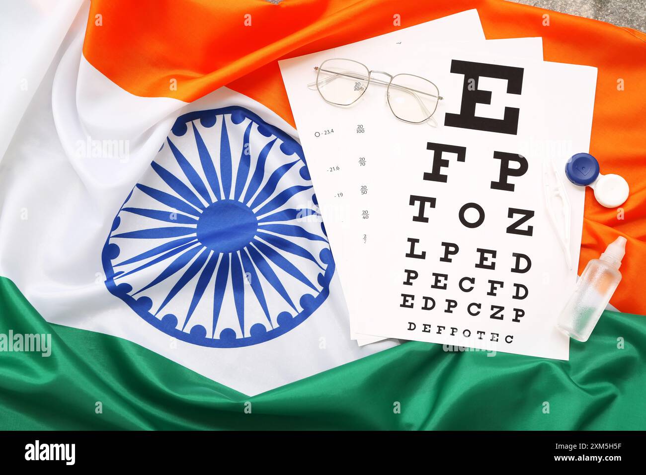 Eye test chart, contact lenses and eyeglasses on flag of India, closeup ...
