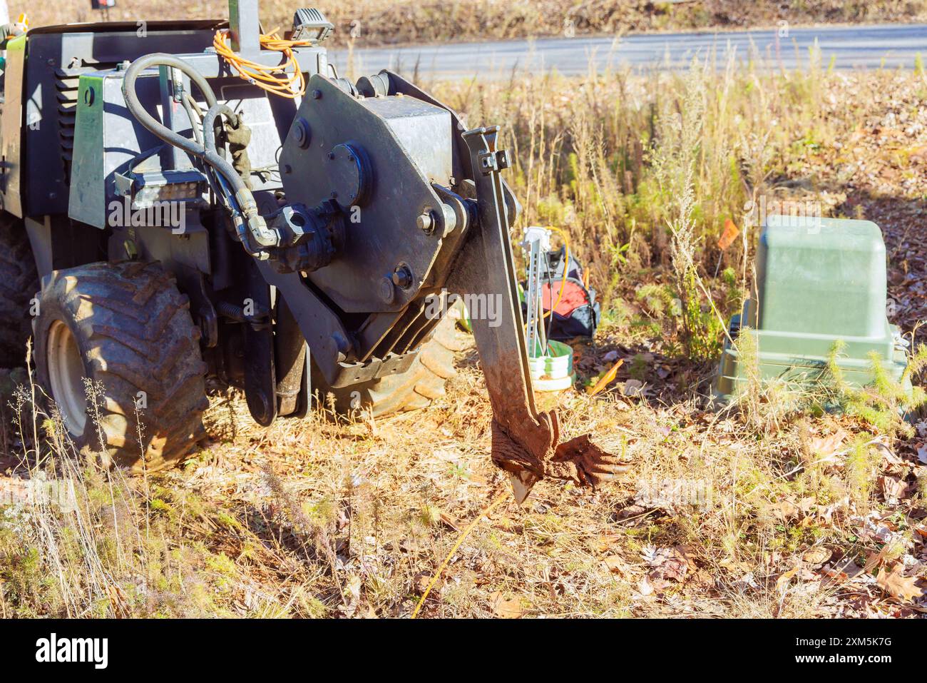 Trencher cable plow tractor is used to lay fiber optic cables Stock ...