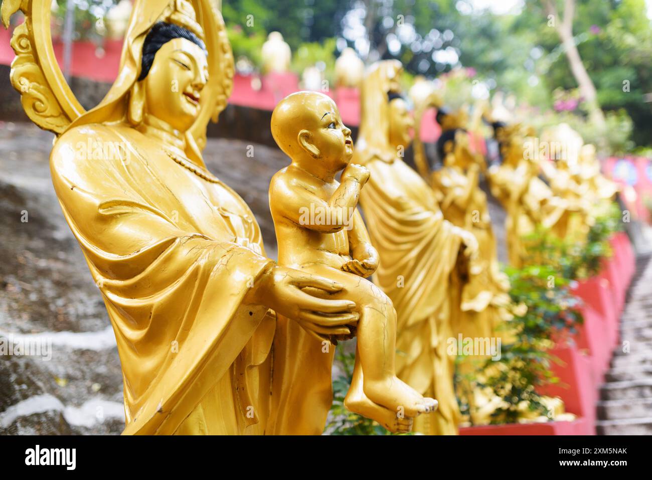 Golden Buddha statues along the stairs leading to the Ten Thousa Stock ...