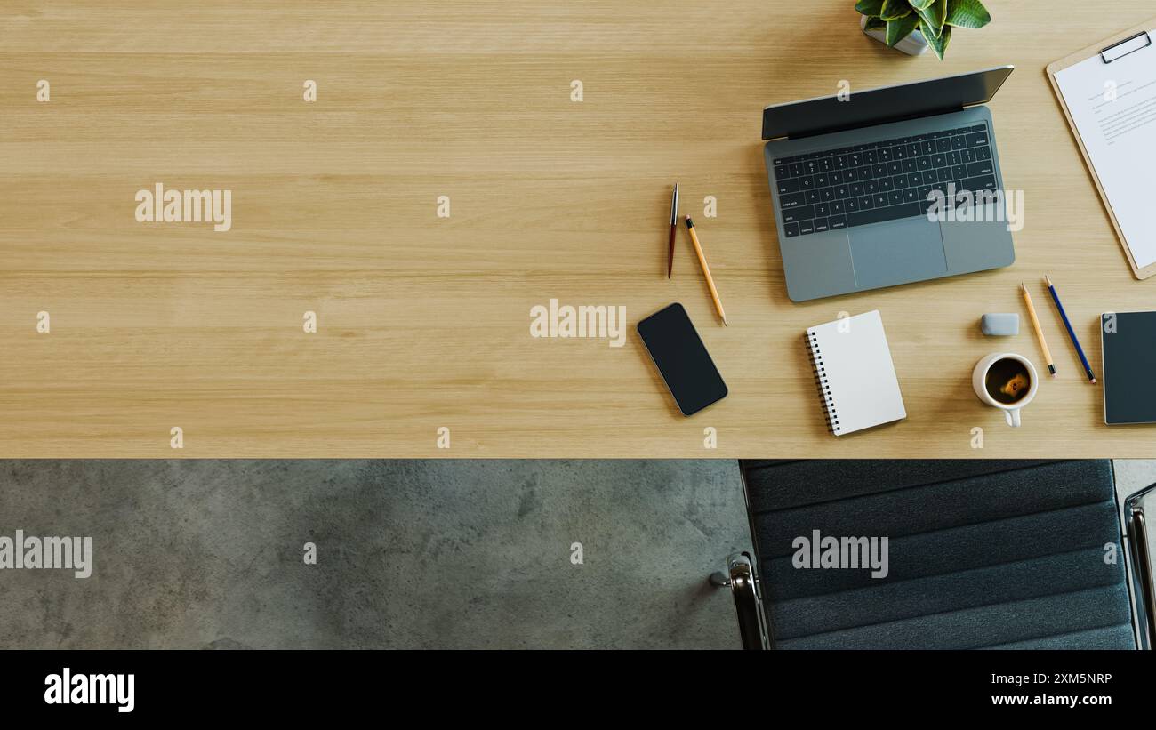 workspace office desk topview backgrounds. 3d rendering Stock Photo - Alamy