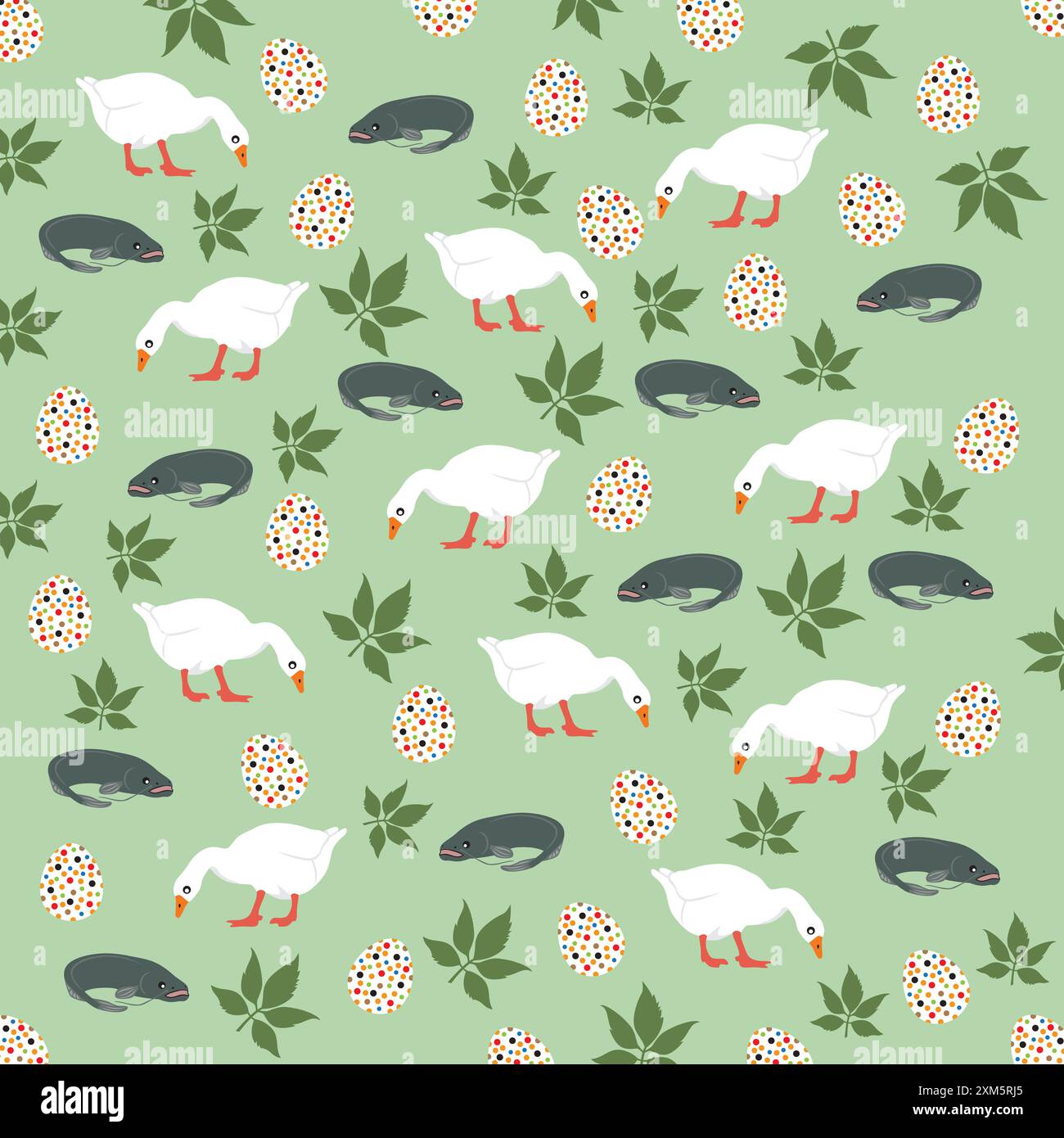cute duck, catfish with egg and leaf as a pattern background Stock ...