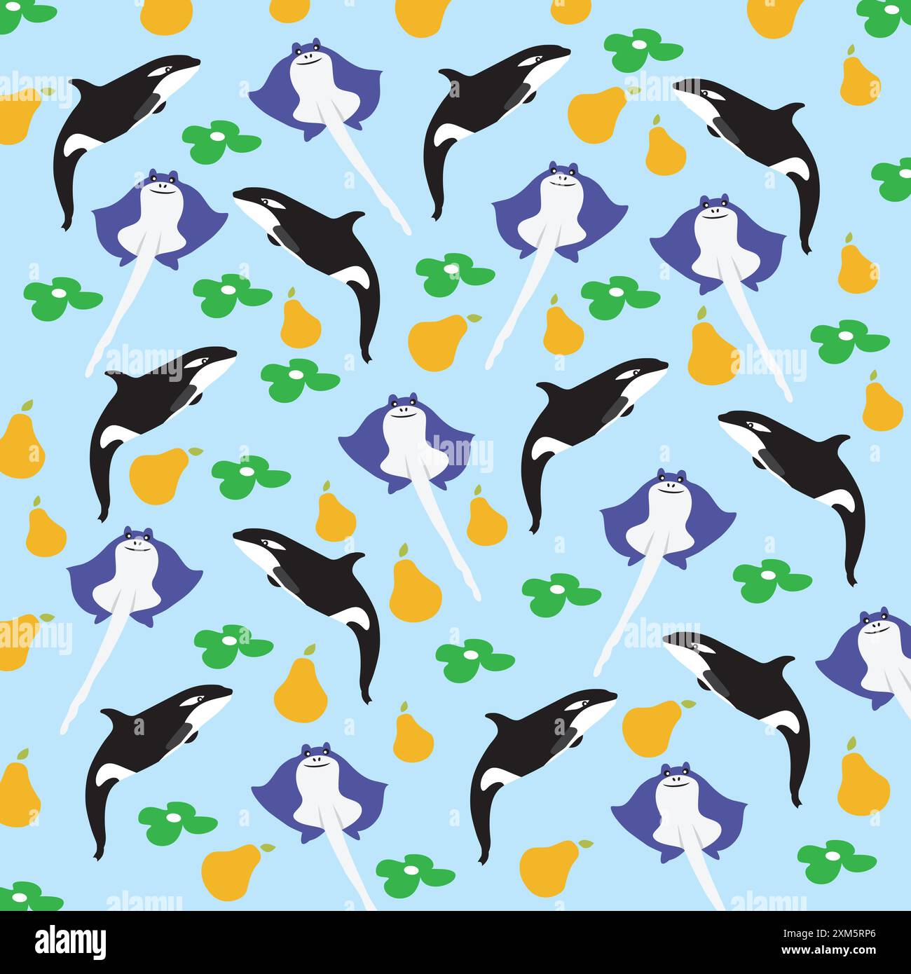 cute orca, stingray with fruit and leaf as a pattern background Stock ...