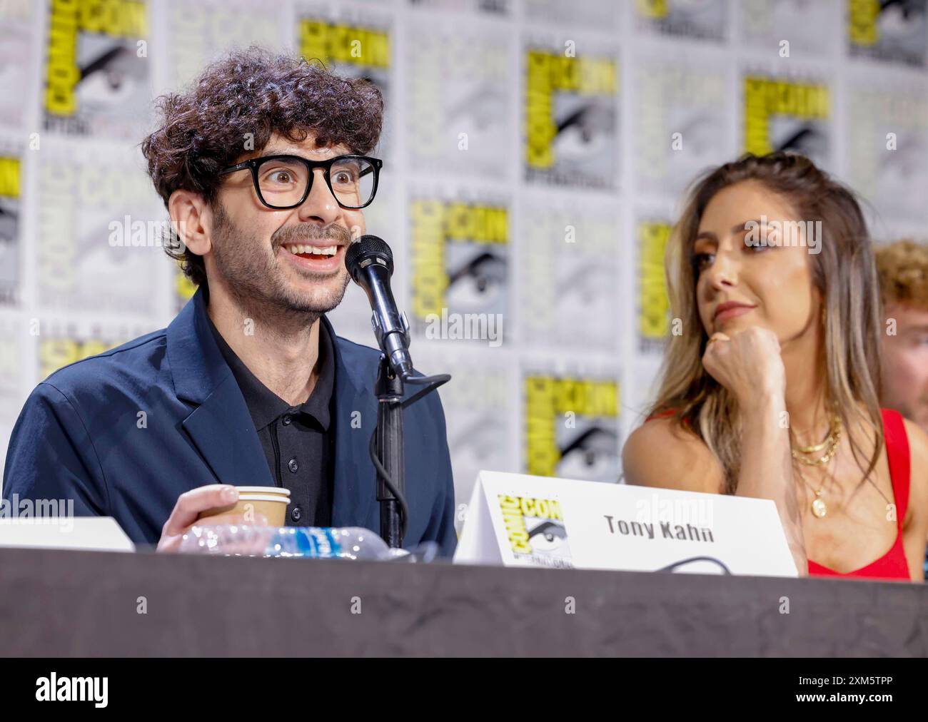 Tony Kahn, left, and Dr. Britt Baker attend a panel for "AEW's Rise ...