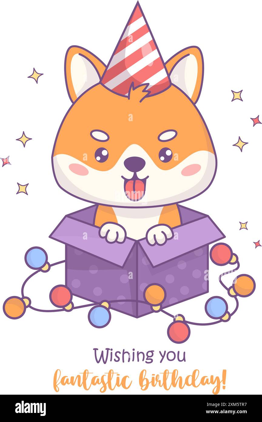 Birthday card. Happy dog Shiba Inu with in birthday cap in gift box ...
