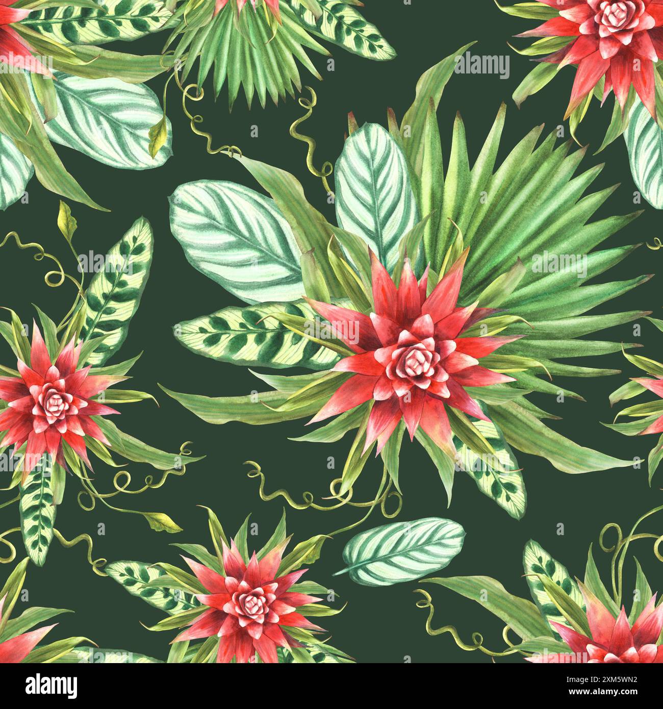 Tropical leaves with red flowers, palm leaf, curly foliage seamless ...