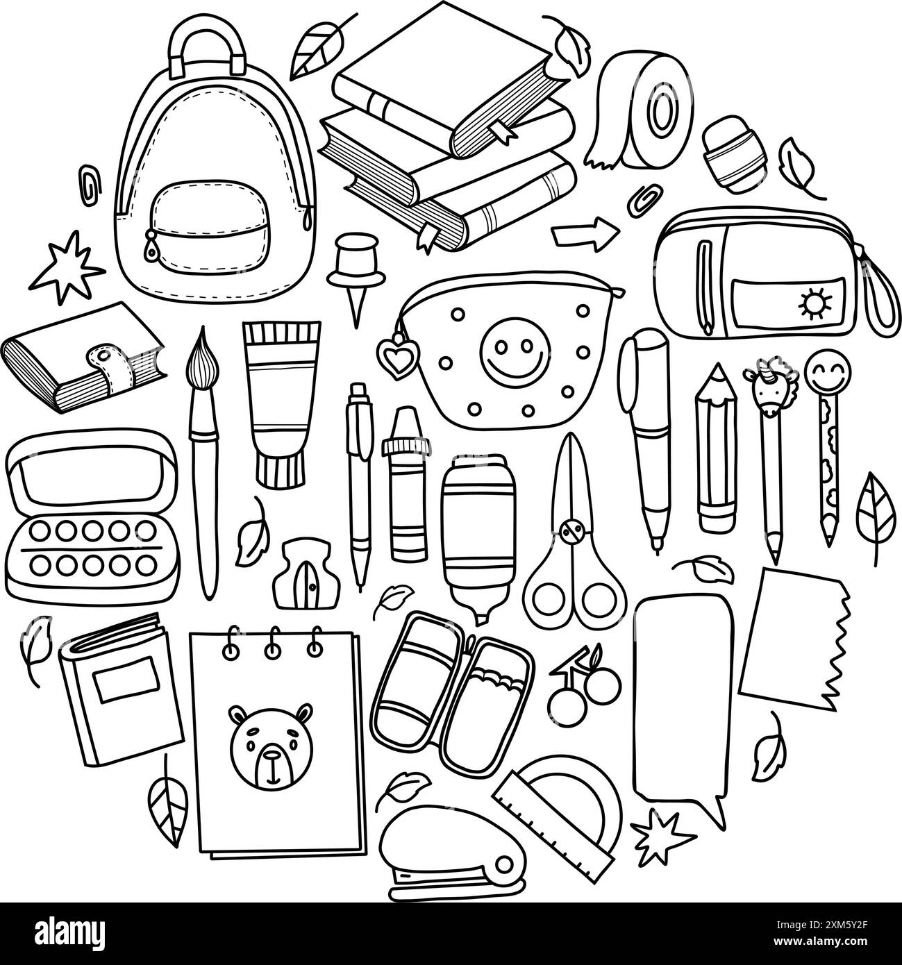 Back to school doodles. Outline drawing stationery and art supplies ...