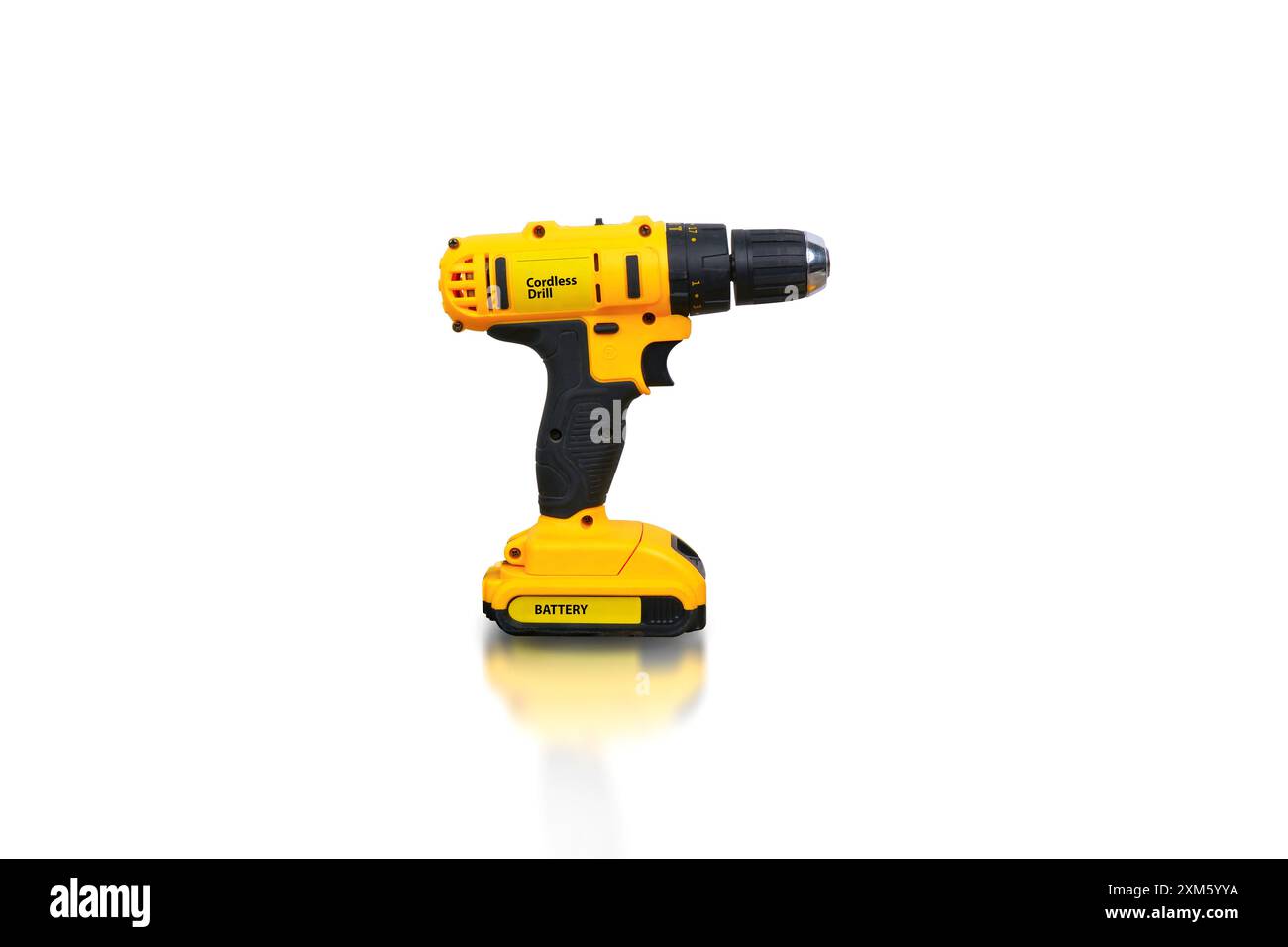 Yellow electric cordless drill isolated with battery on white background , Mechanic tools ...