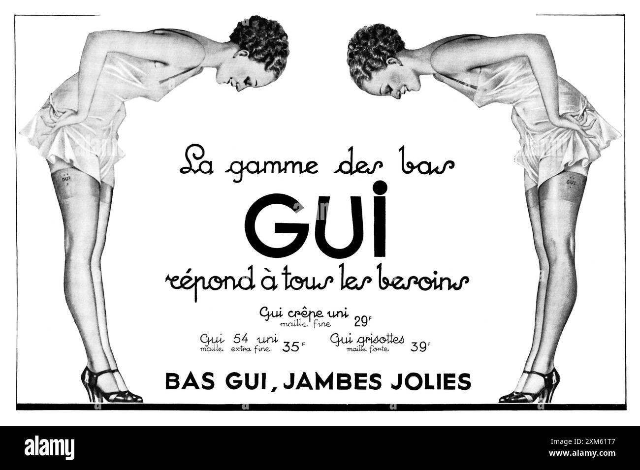 1936 French advertisement for Gui stockings. "The Gui stockings range ...