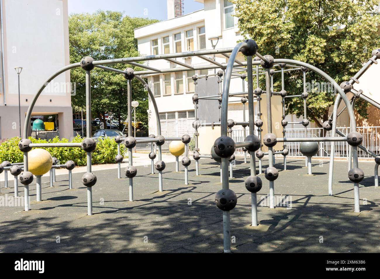 Metal Workout Fitness Ground, Children Play Area In Green Park On Warm ...