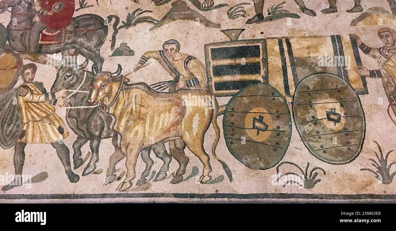 7249. Ox pulling a cart, detail from a Roman period mosaic from villa ...