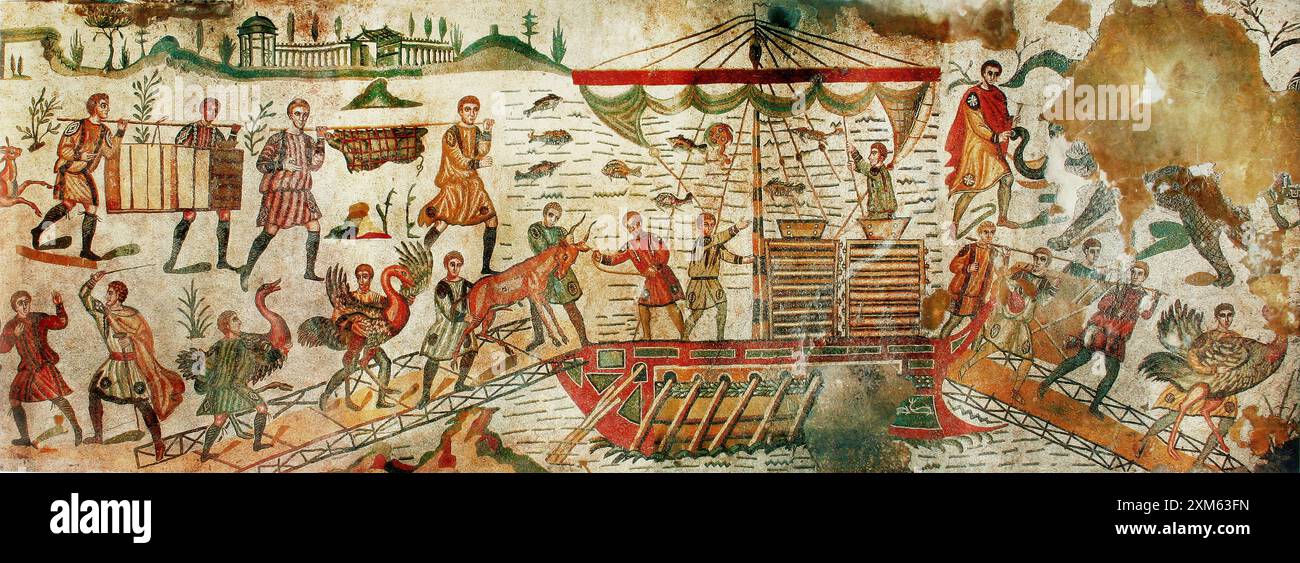 7259. Roman mosaic showing a scene of loading exotic animals on a ...