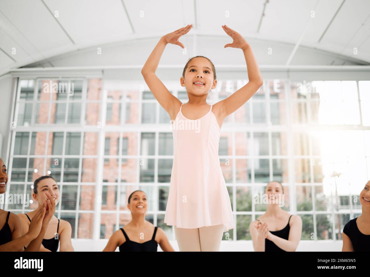 Group, ballet and dancing of child in class, clapping and smile for ...
