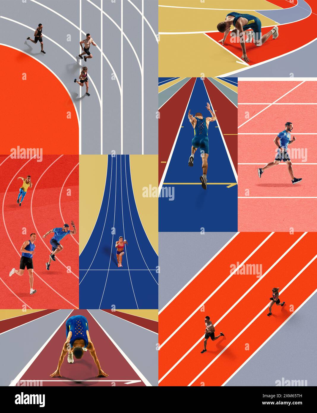 Creative collage of different athletes, runners in motion on stadium ...