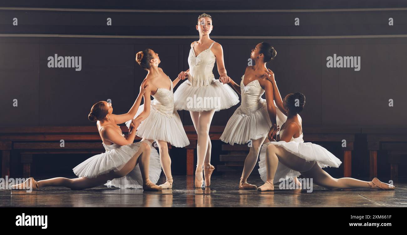 Performance, stage and group of women dancing in hall creative craft ...