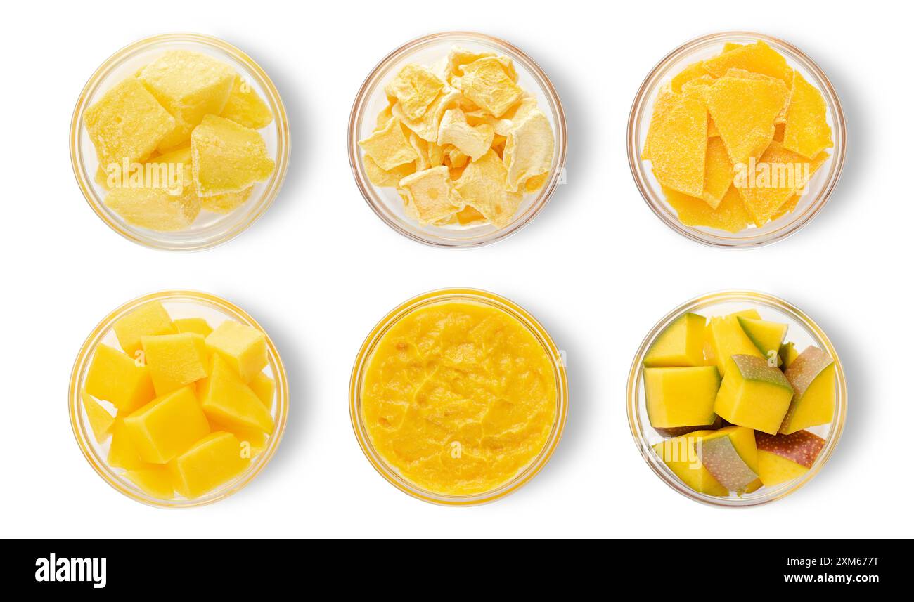 Assorted dried mango slices and bites with frozen and freezed mangoes ...