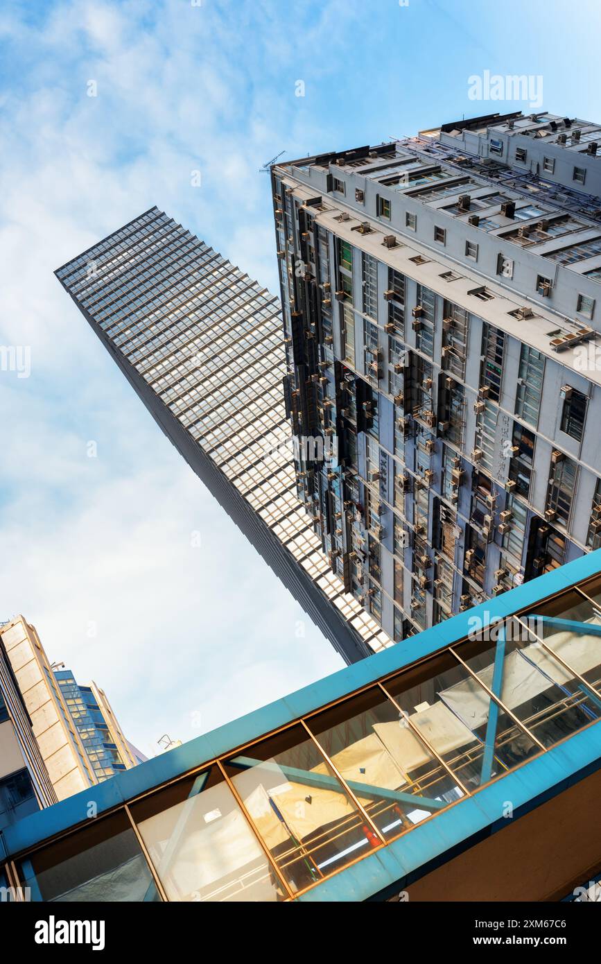 Bottom view of elevated pedestrian crossing and buildings Stock Photo ...