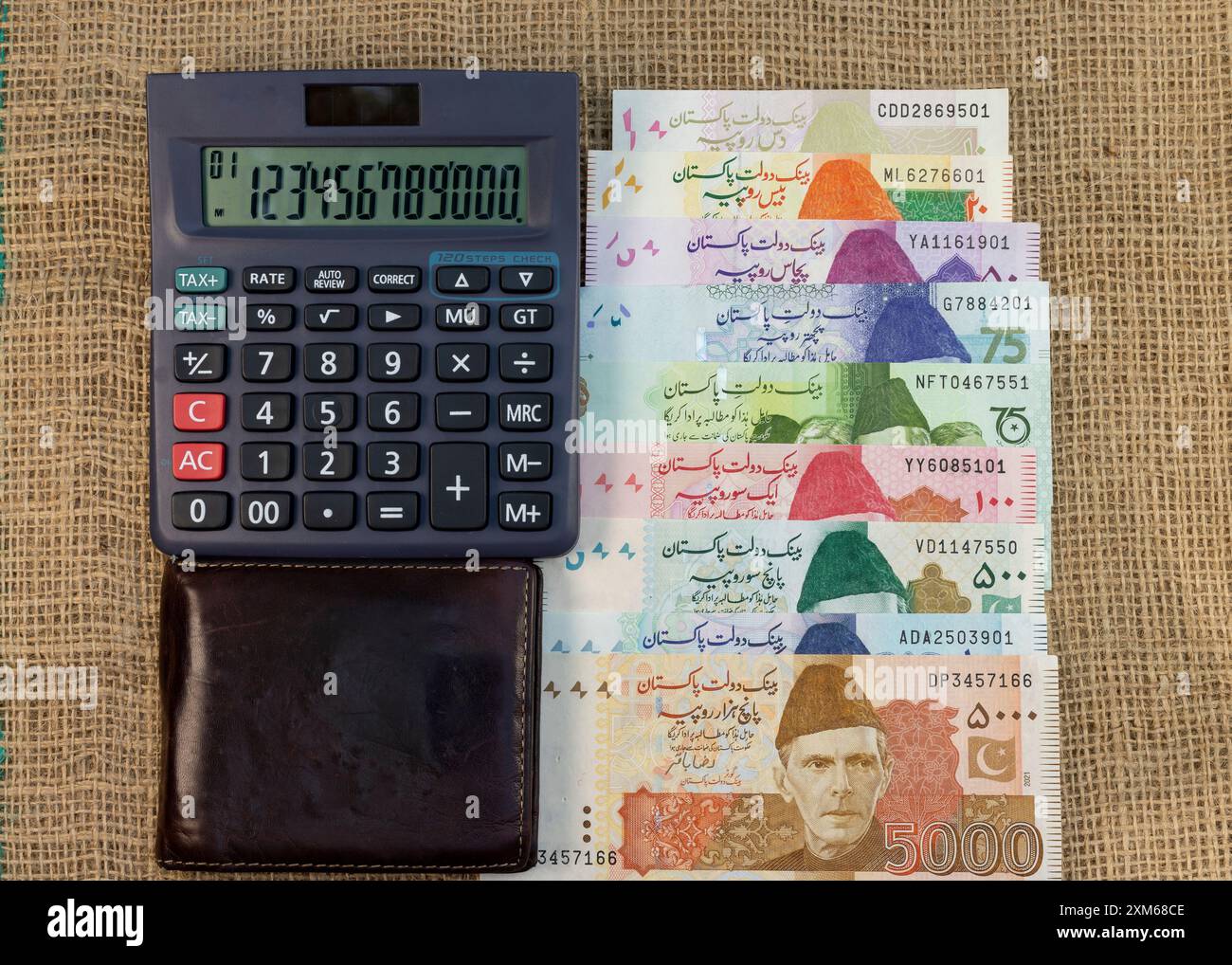 Pakistani banknote complete set with calculator and wallet Stock Photo ...