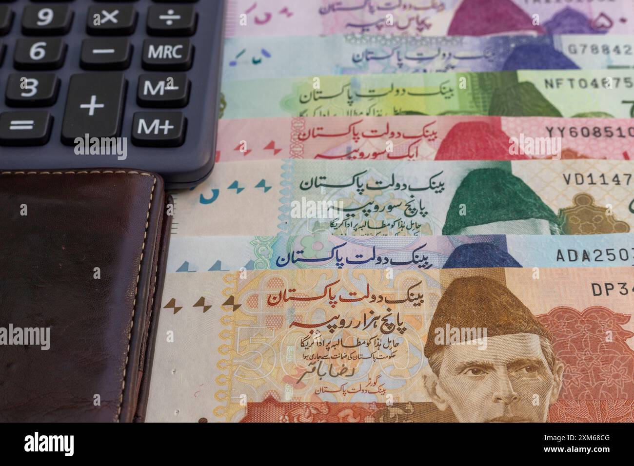 Closeup of a Pakistani currency notes with a calculator and wallet ...