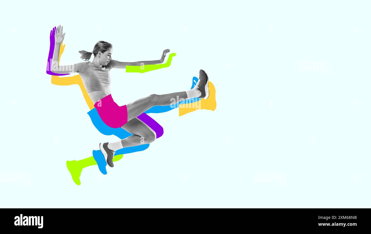 Young woman, athlete in motion making jump over hurdle, competing for ...