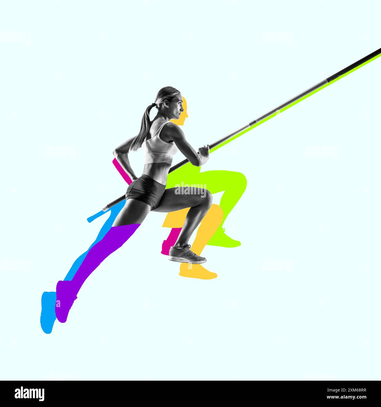Focused athletic woman in motion, pole vaulter running and getting ...