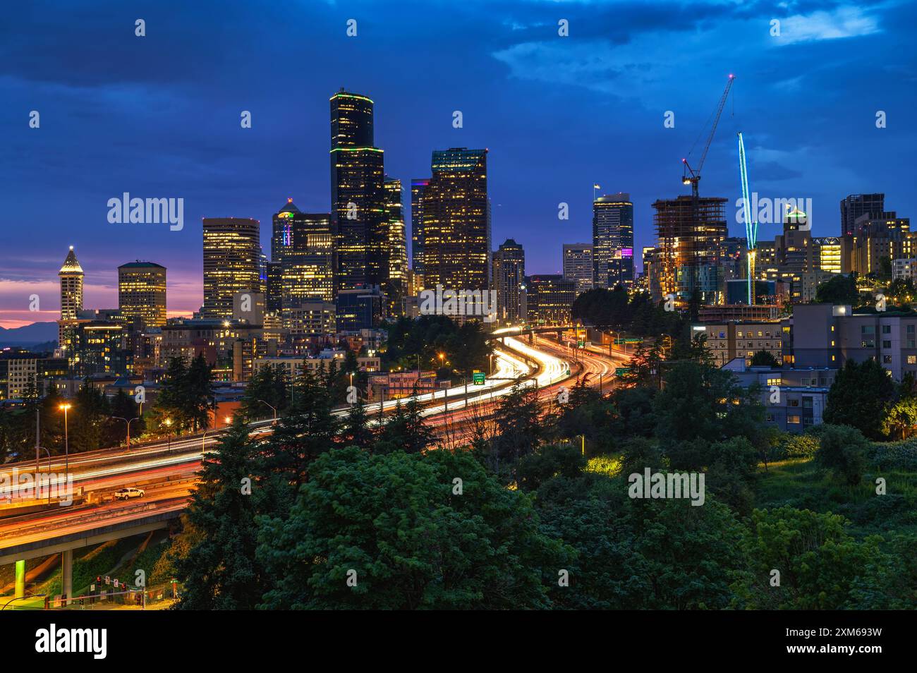 Seattle downtown skyline, with traffic on the I-5 freeway, viewed at ...