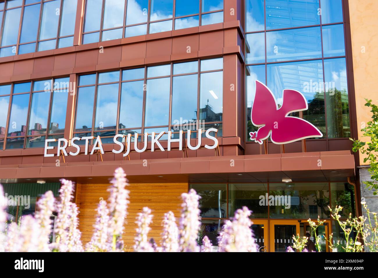 Stockholm, Sweden - 25 July 2024: Facade and main entrance of hospital ...