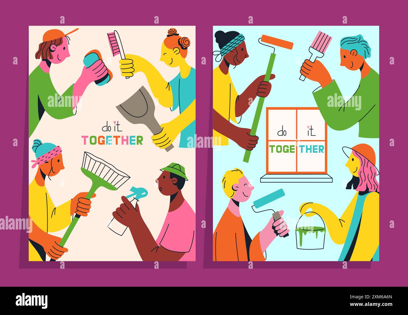 Set of posters with multicultural team of young people flat vector ...