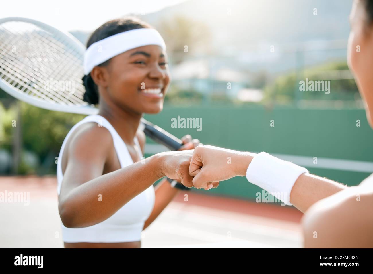 Tennis, sports and women fist bump for exercise, training and workout ...