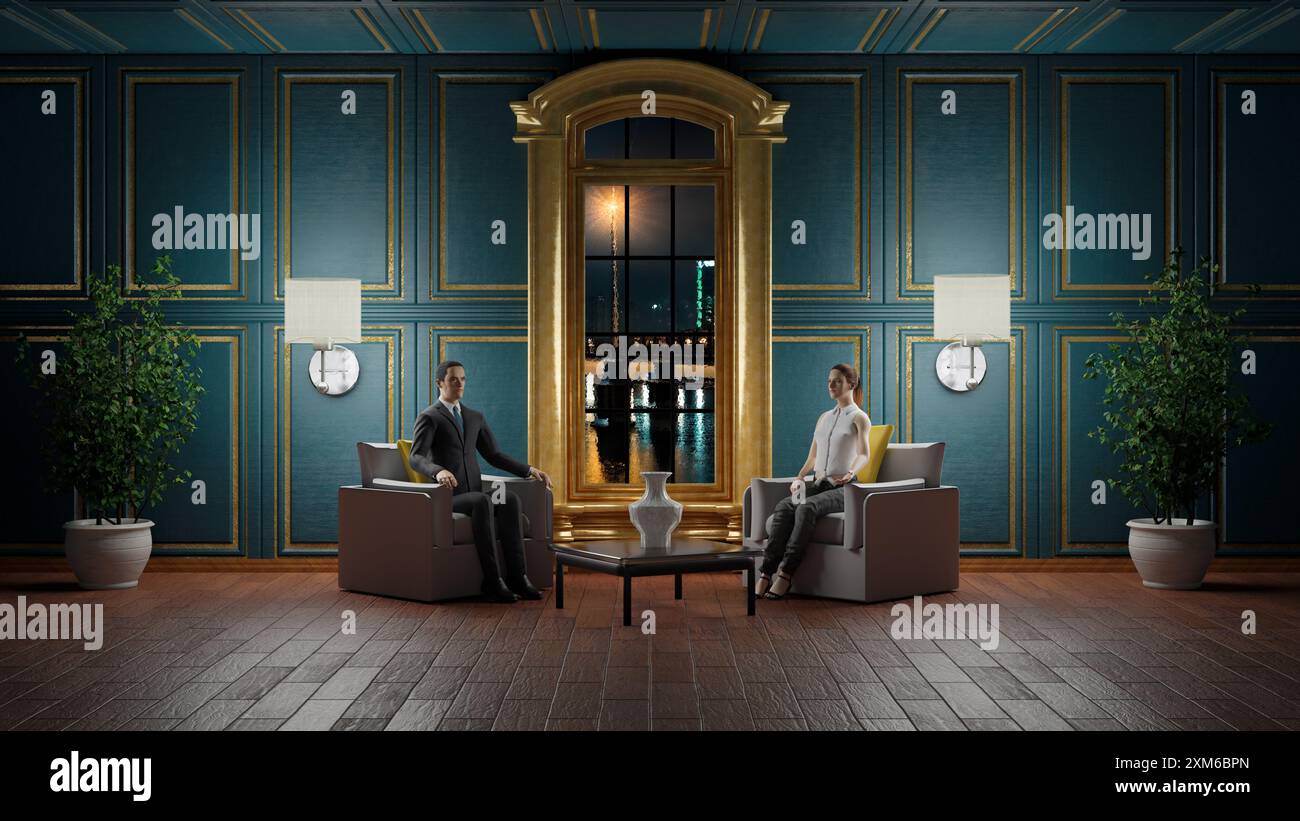Night interior. Couple, man, woman relaxing in an ancient and elegant ...