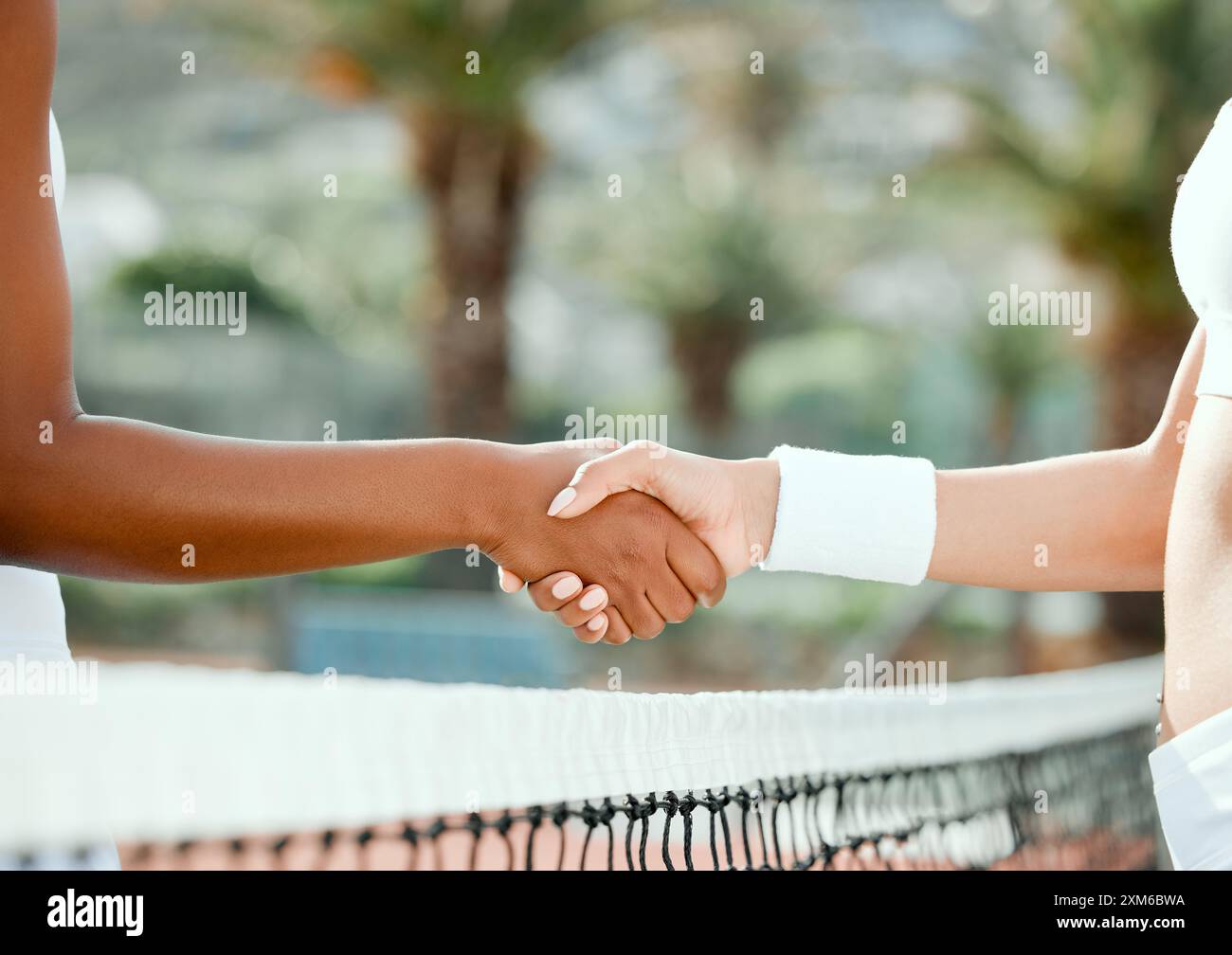 Match, tennis and people with handshake at net for greeting ...