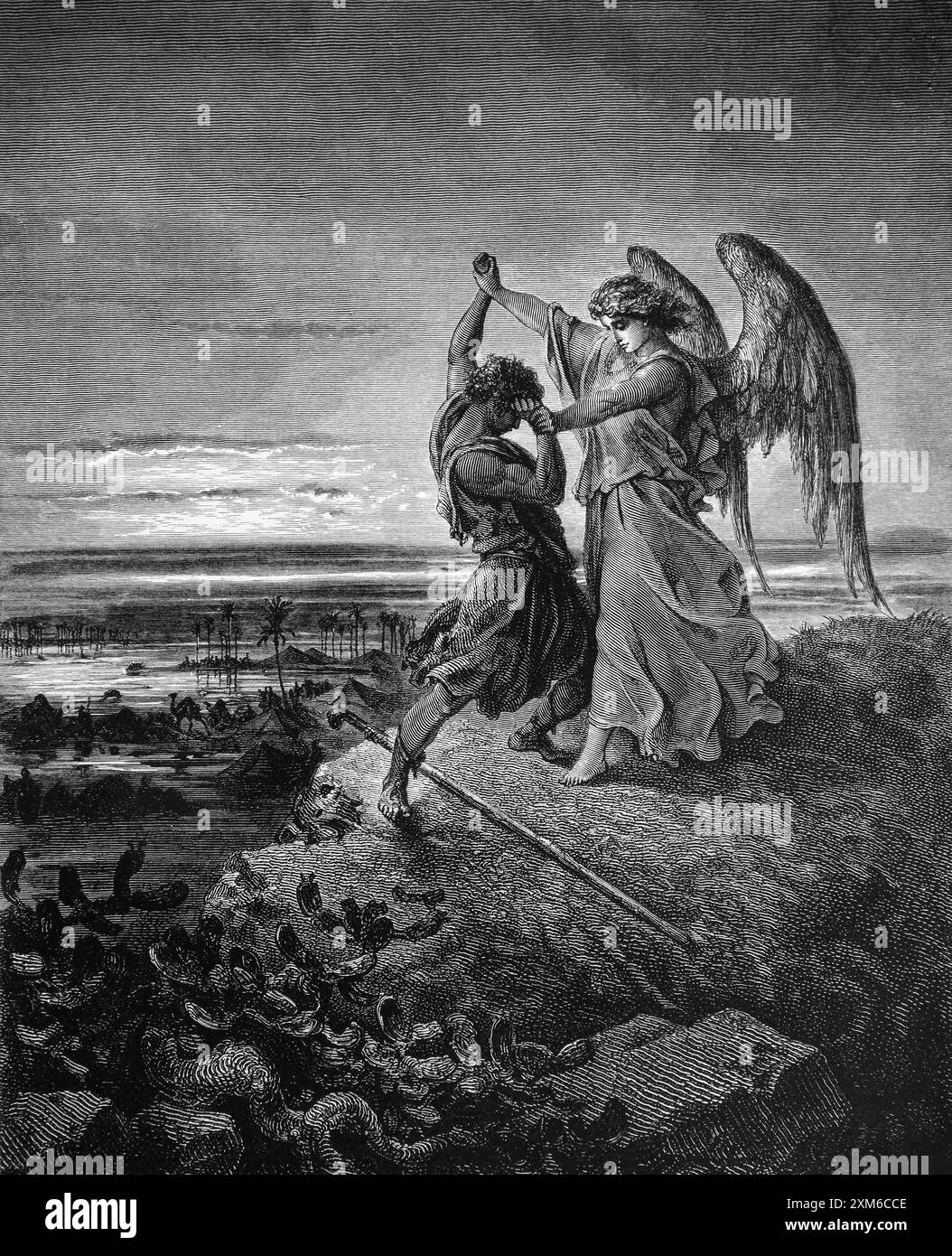 Wood Engraving of Jacob Wrestling with the Angel " Let me go For the ...