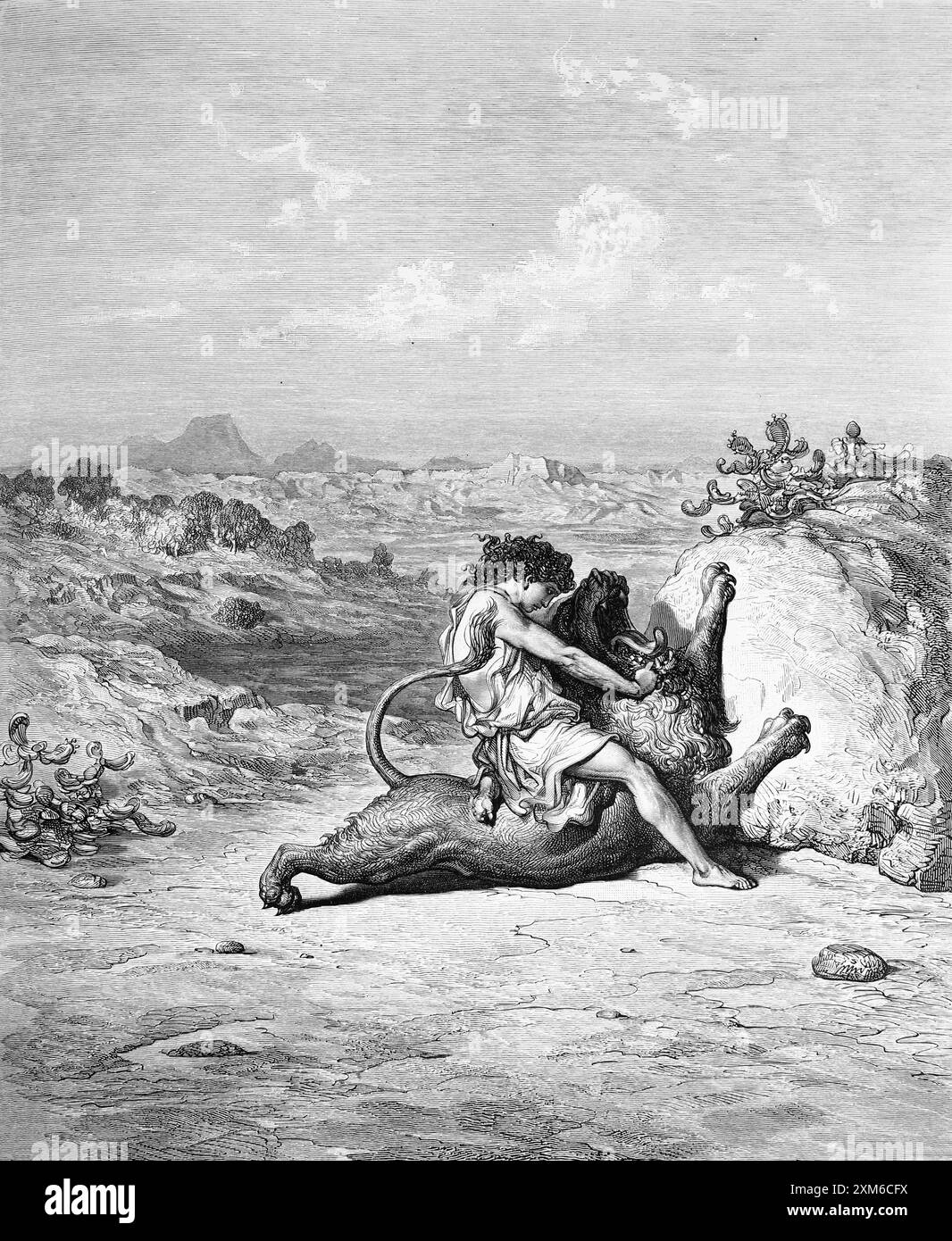 Wood Engraving of Samson Slaying the Lion Judges 14:5-6 by Gustave Dore ...