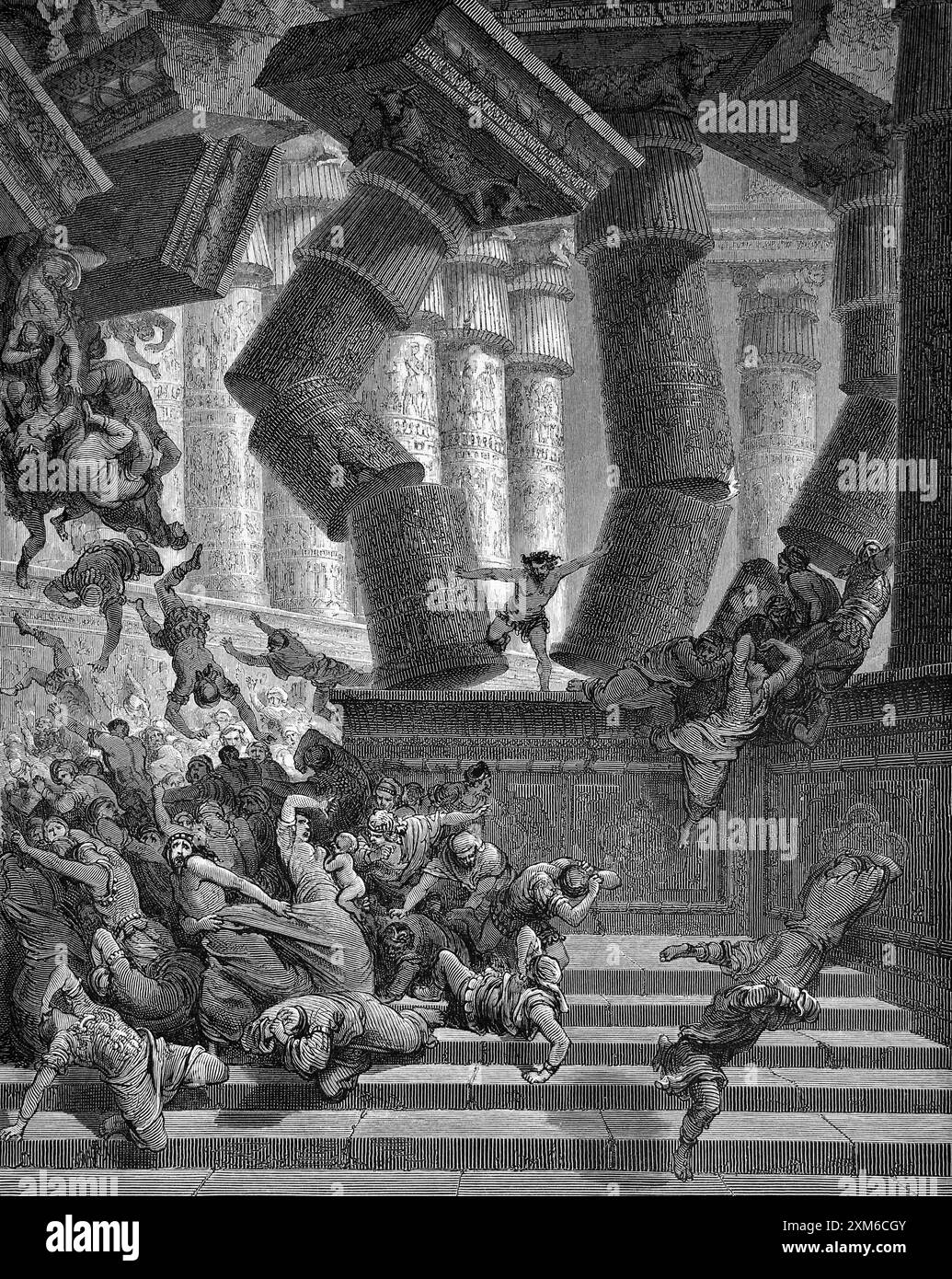 Wood Engraving of the Suicide Of Samson by Grasping the Two Pillars of ...