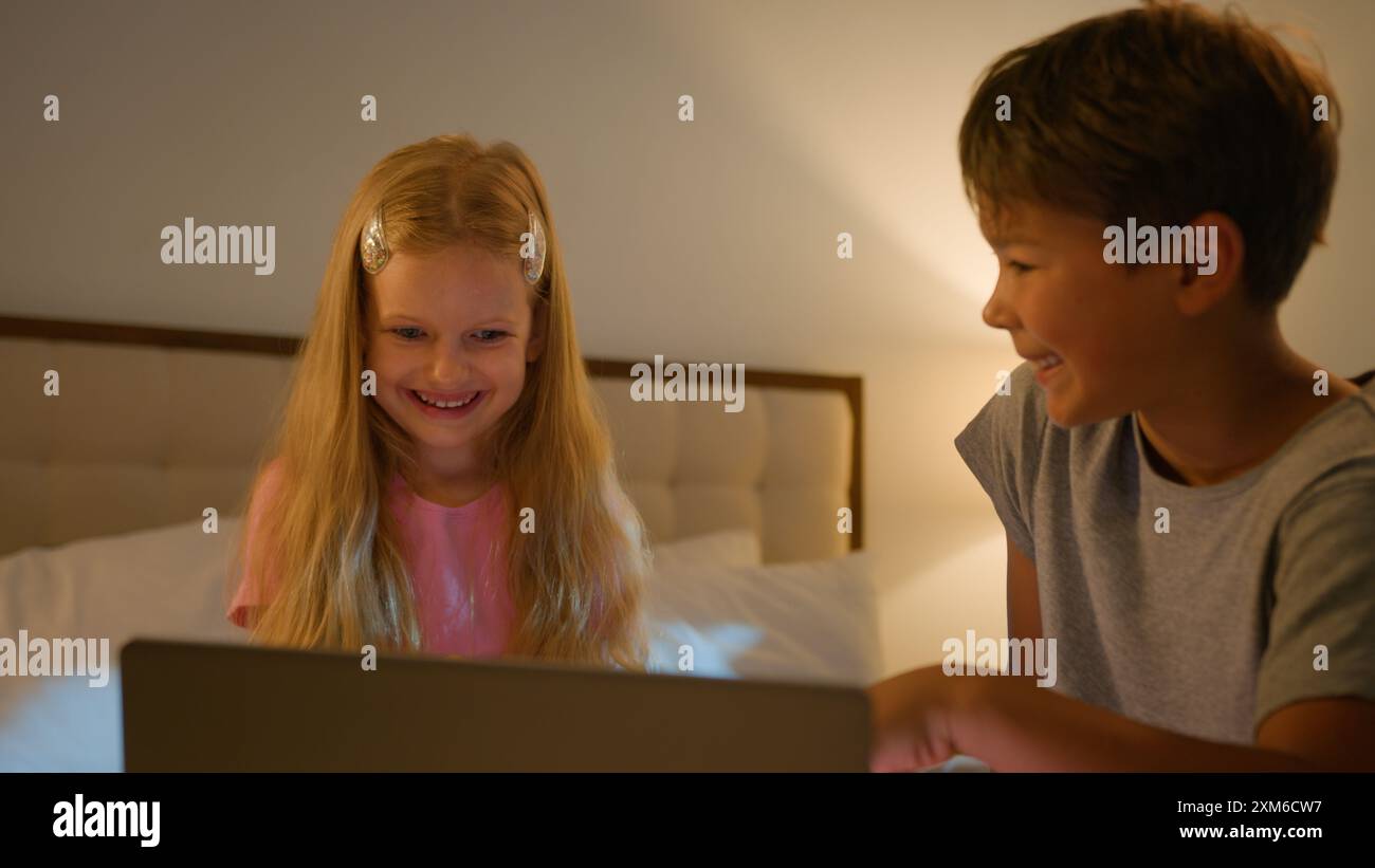 Happy little Caucasian children kids siblings family laugh kids ...