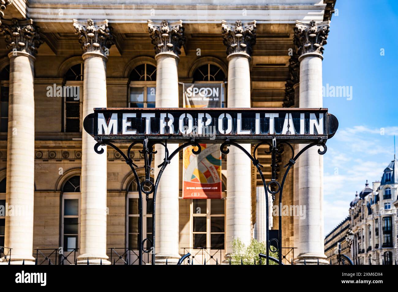 Paris vintage metro (subway) entrance sign in Place de la Bourse, with ...