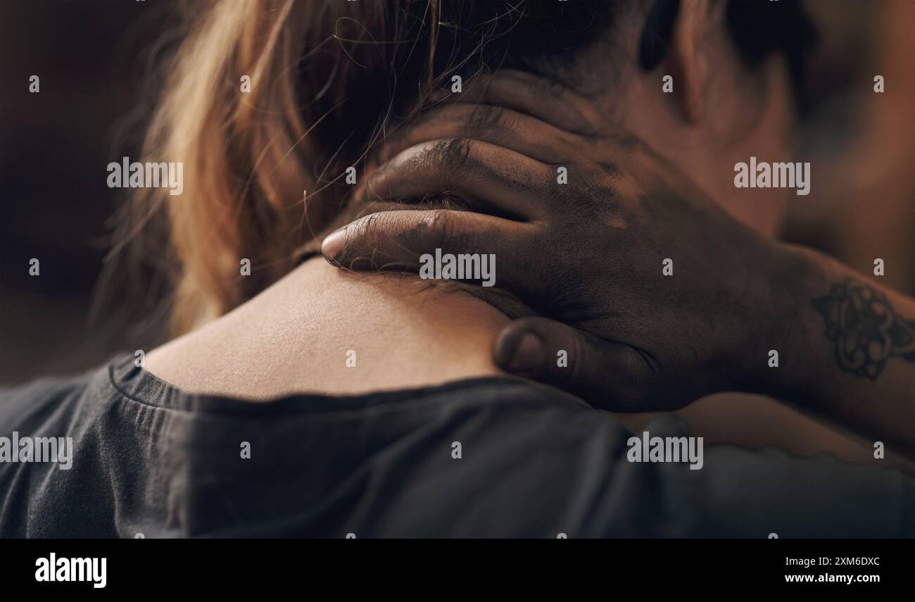 Dirt, hand and woman in workshop with neck pain, muscle strain and ...