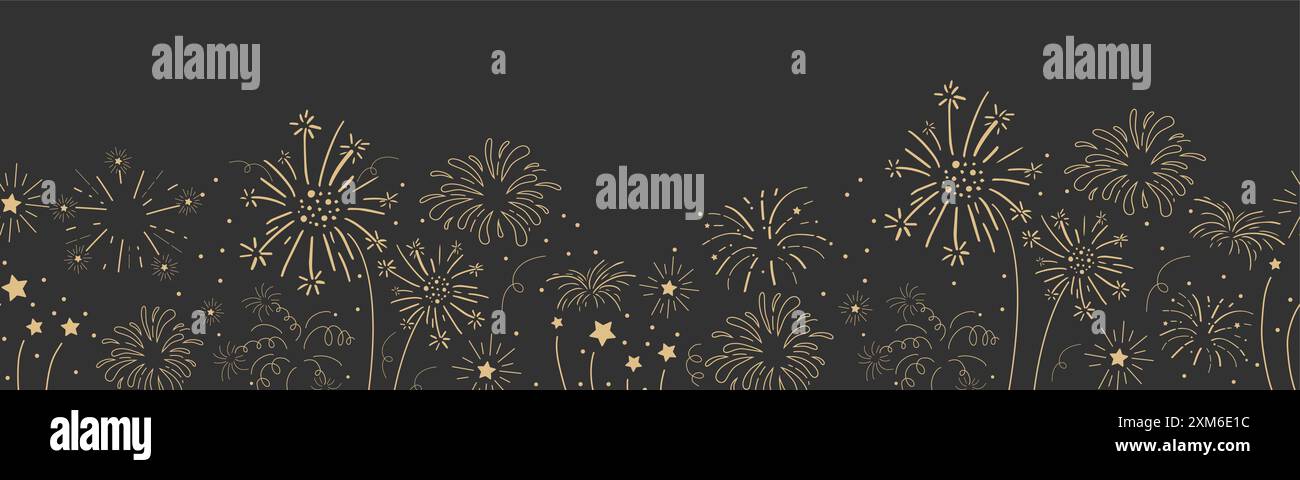 Fireworks festive explosion golden bursts, sparks in doodle style seamless pattern border ...
