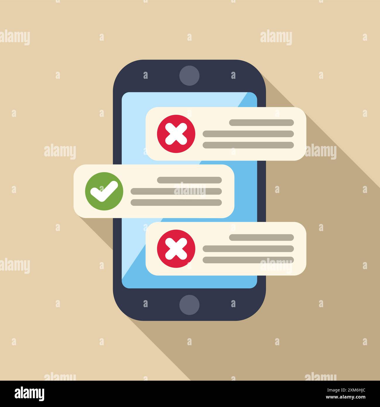 Smartphone is showing validated and refused messages with checkmark and ...