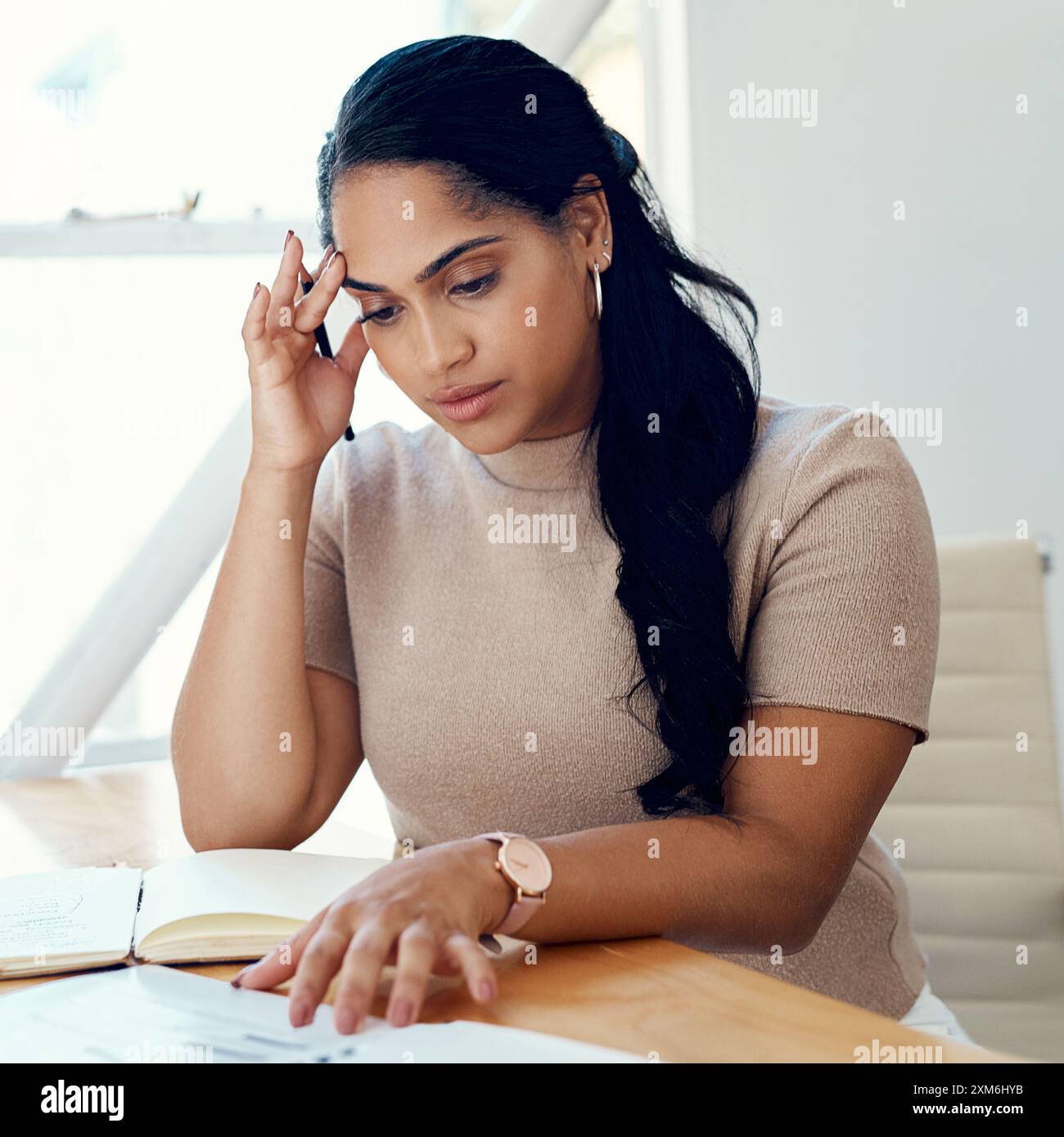 Stress, woman and writing on book in office with notes of schedule ...