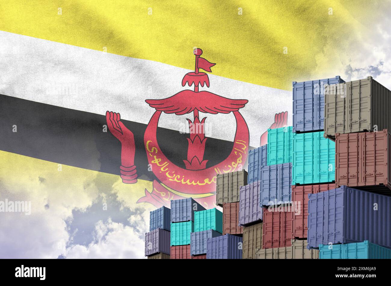 Brunei Darussalam flag and big stack of shipping cargo containers in ...