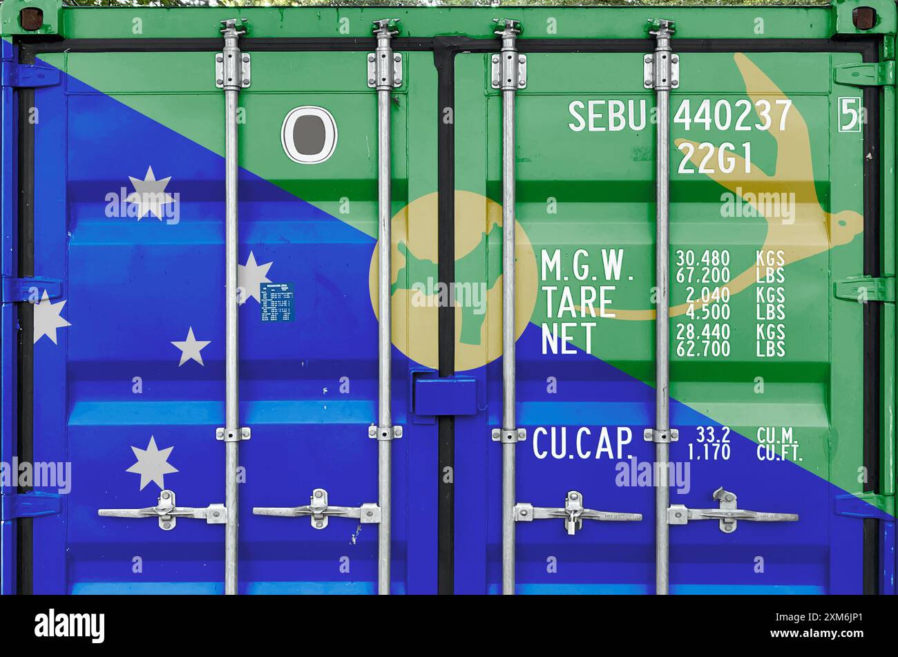 Christmas island flag depicted on metal doors of shipping cargo ...