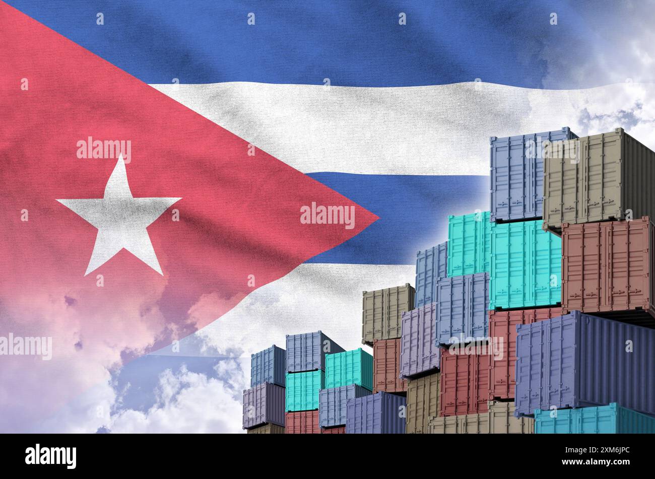 Cuba flag and big stack of shipping cargo containers in docks with sky ...